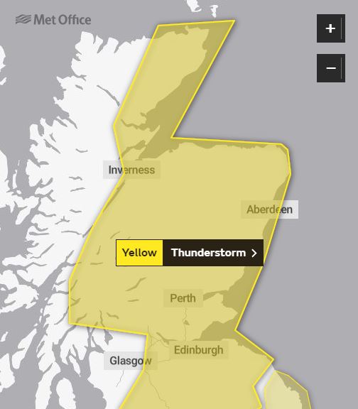 Weather warning of thunder, lightning and heavy rainfall for Tayside ...