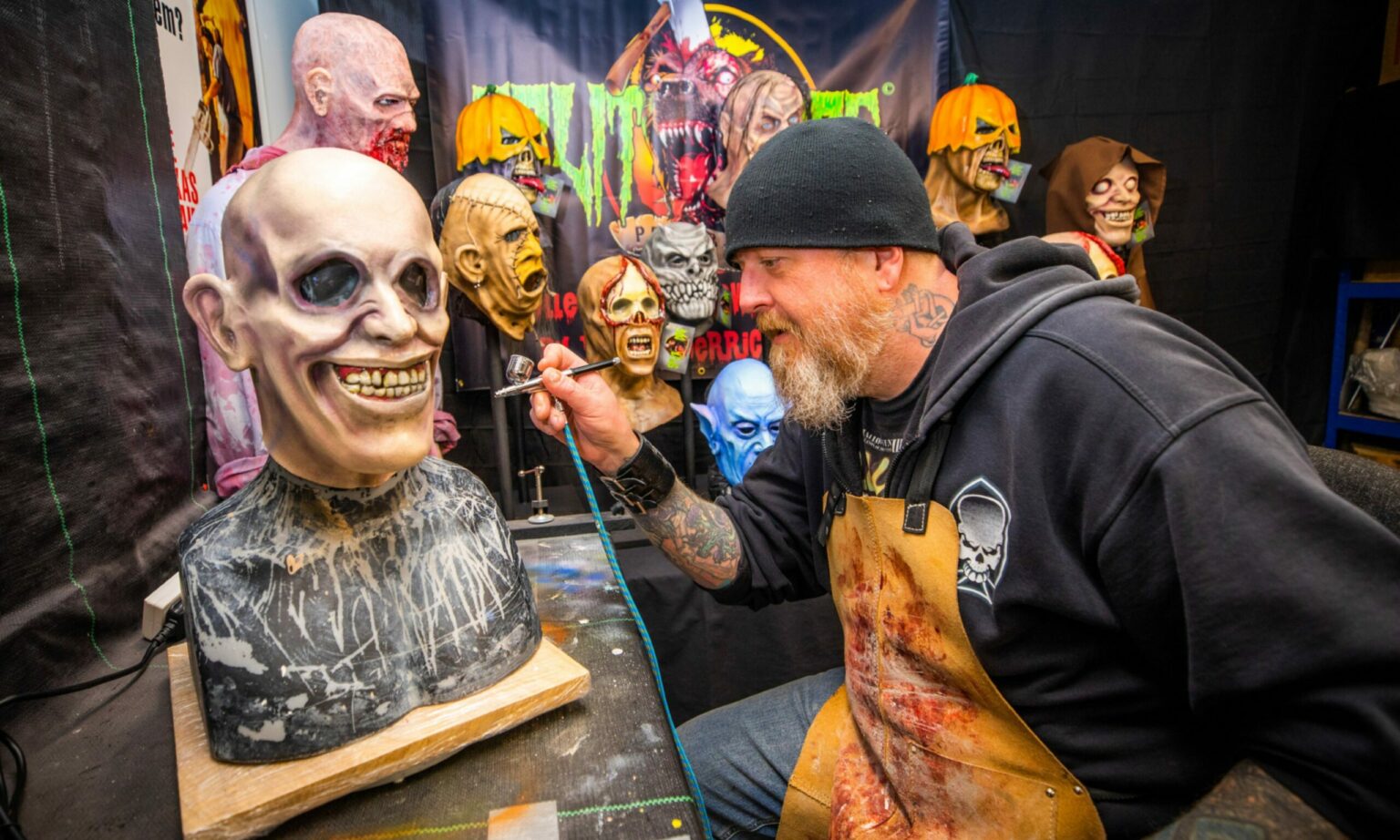 From his Perthshire 'monster lab' Derrick sells masks around the world