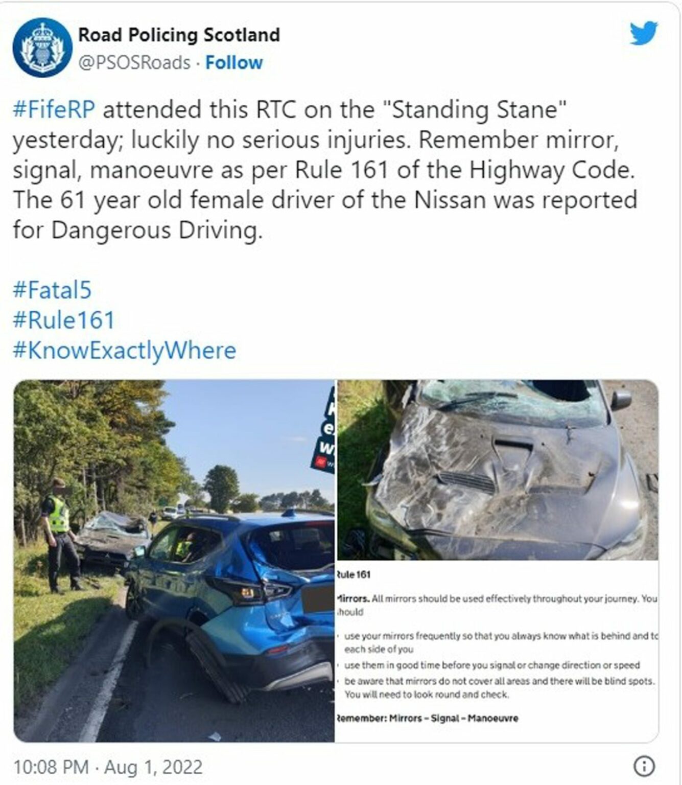 Driver smashed into tree after being hit on notorious Fife road