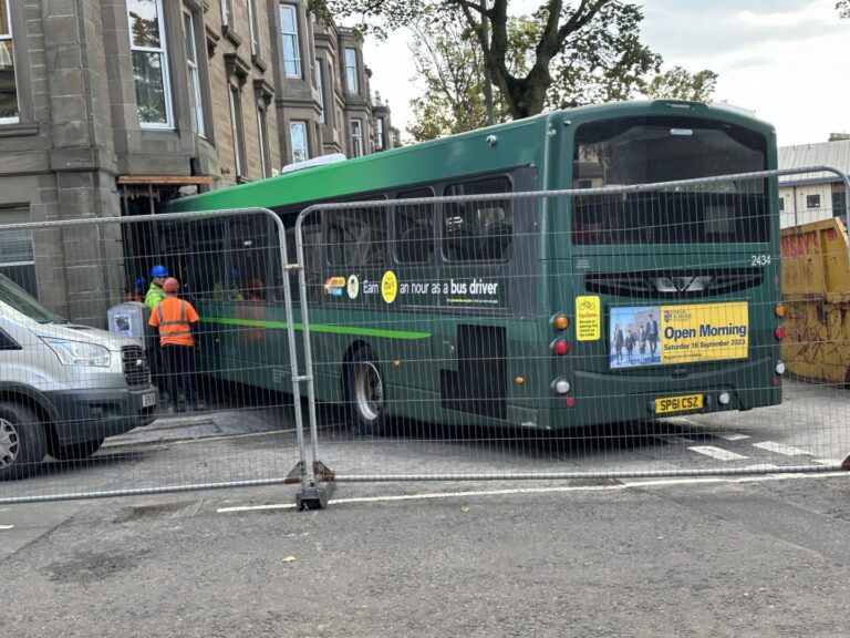 Xplore Dundee bus remains stuck in building three days after crash