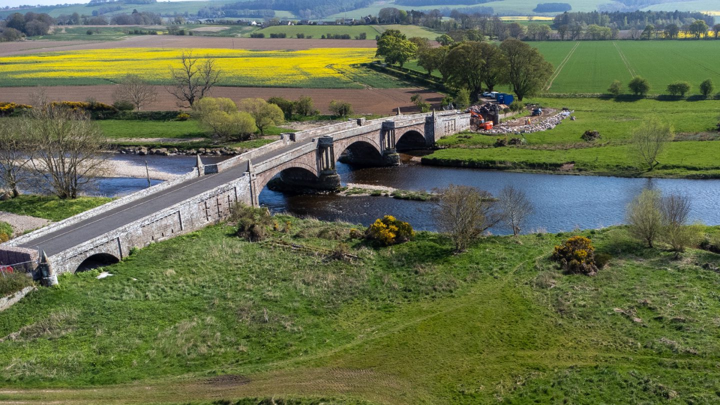 Drone footage of work to repair Angus bridge after Storm Babet