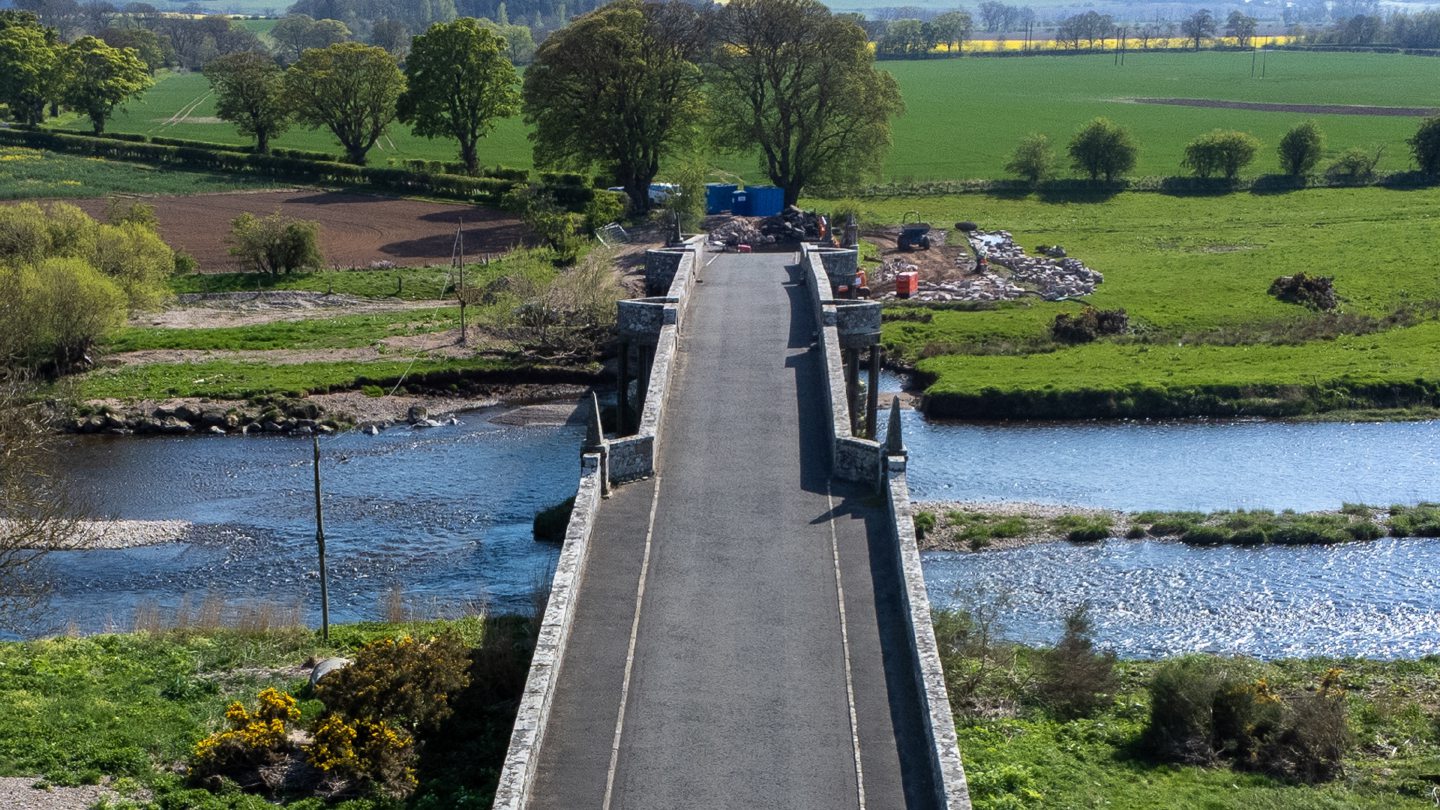 Drone footage of work to repair Angus bridge after Storm Babet