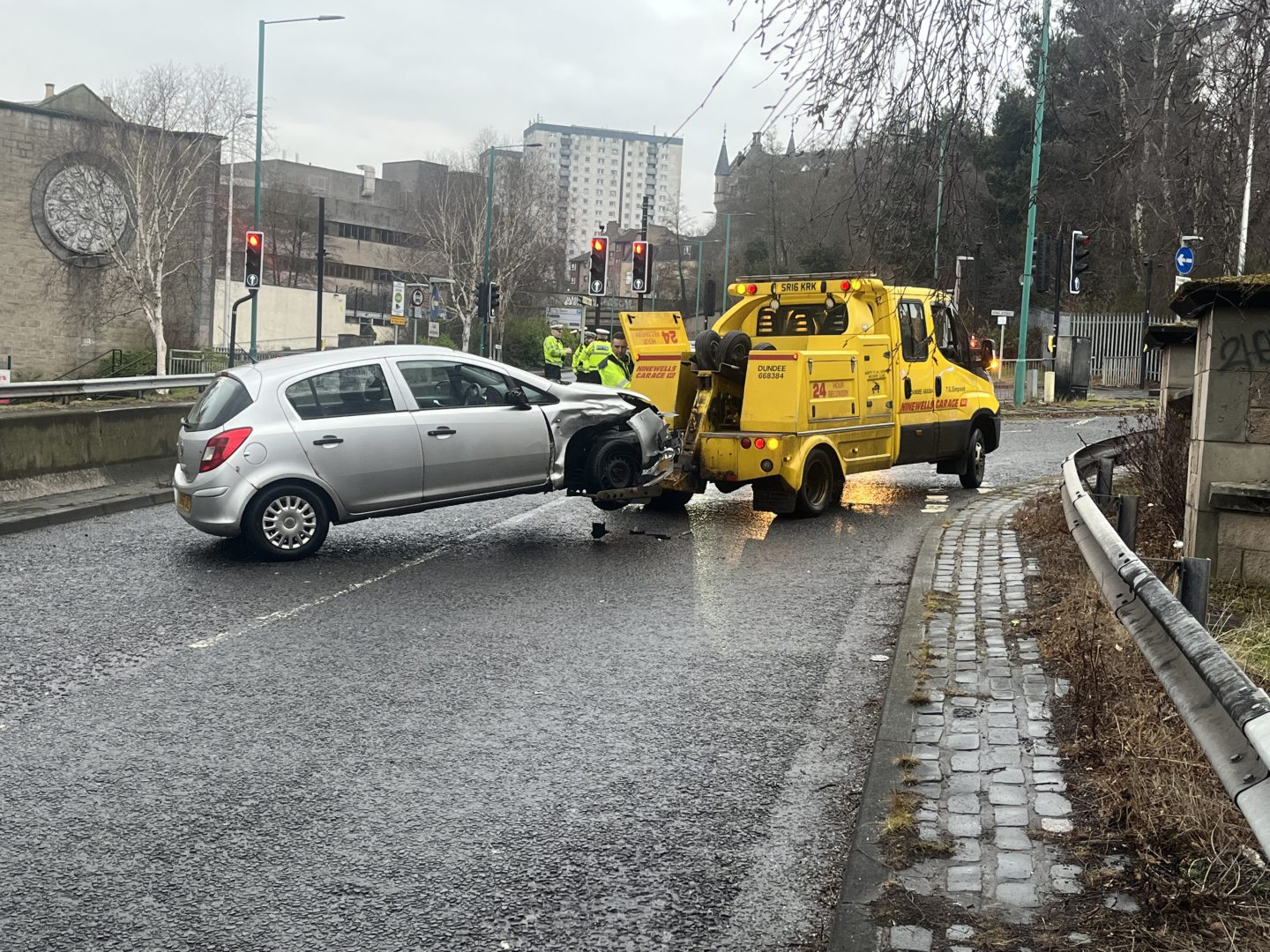 Emergency services at crash on East Marketgait in Dundee