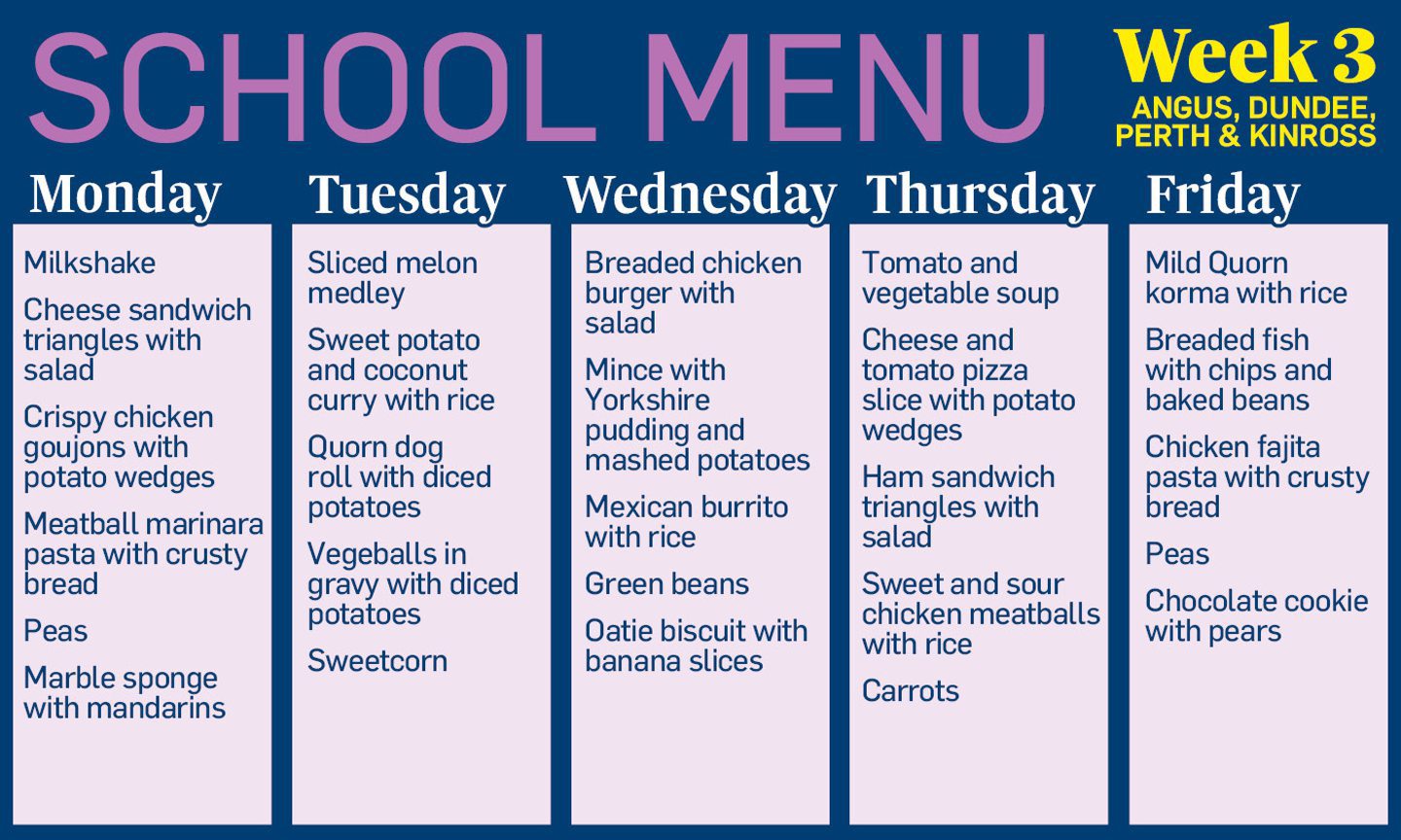 School meal menus: Angus, Dundee, Fife, Perth & Kinross, Stirling