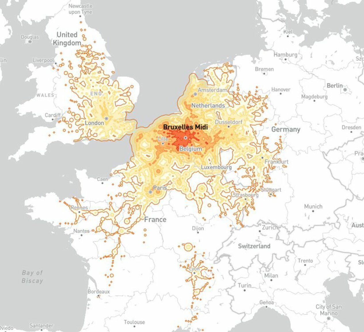 Railway travel time map shows how far you can travel in 5 hours