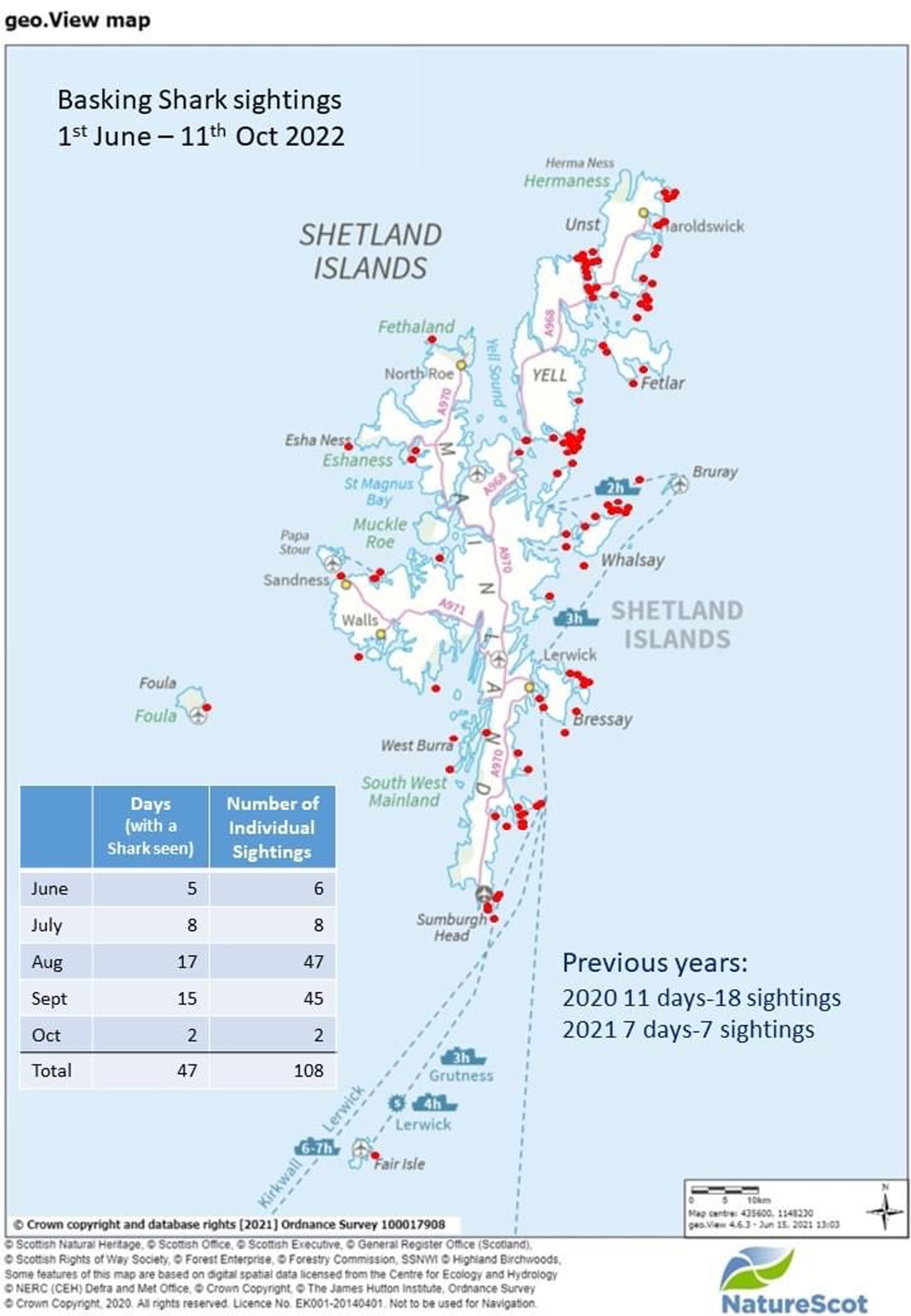 Annual sightings of basking sharks in Shetland rise from 7 to 108