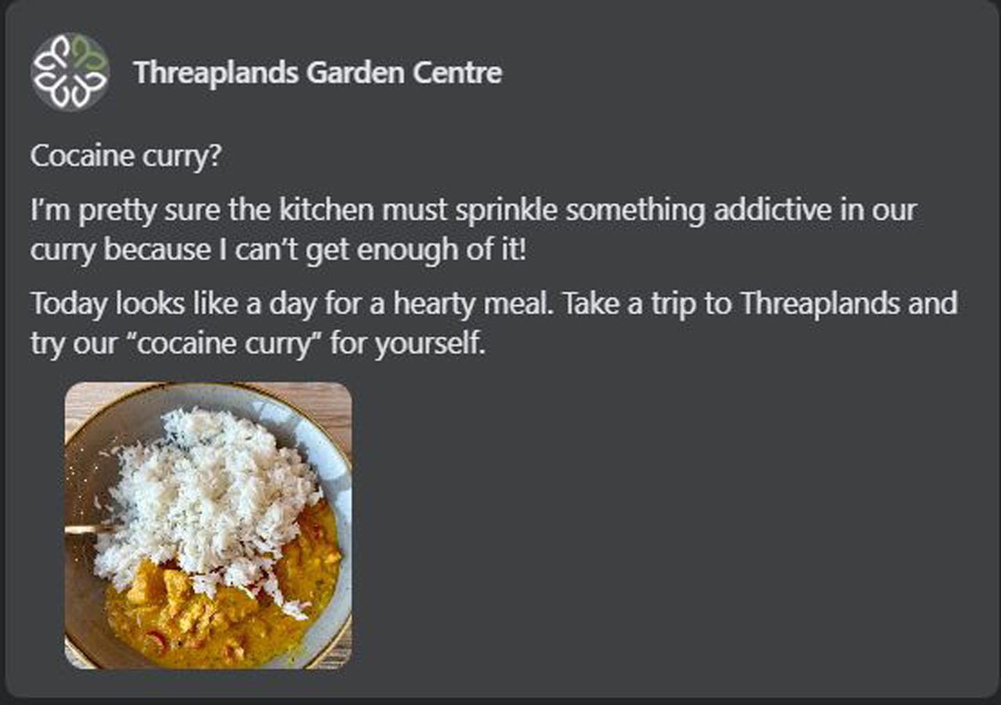 Threaplands Garden Centre sparks outrage with 'cocaine curry' post