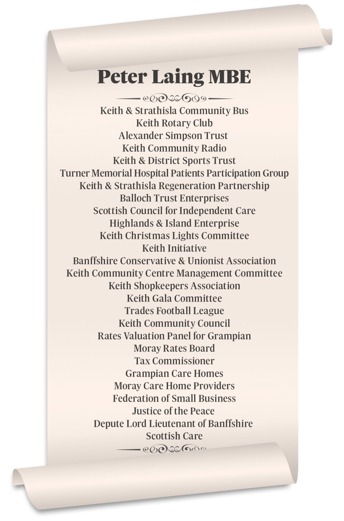 Family's tribute to Keith stalwart Peter Laing MBE