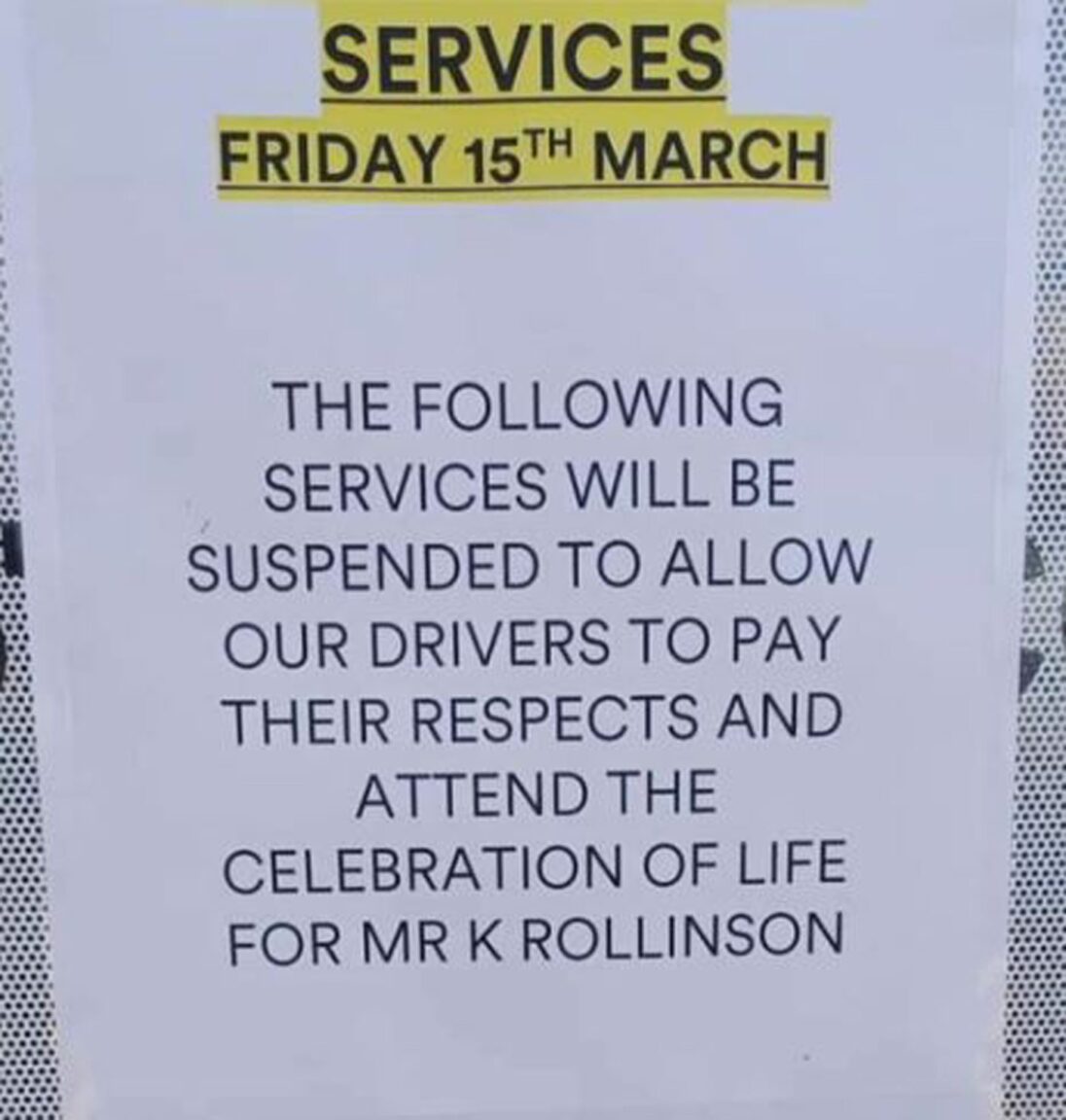 Bus services paused in Elgin today for Keith Rollinson service