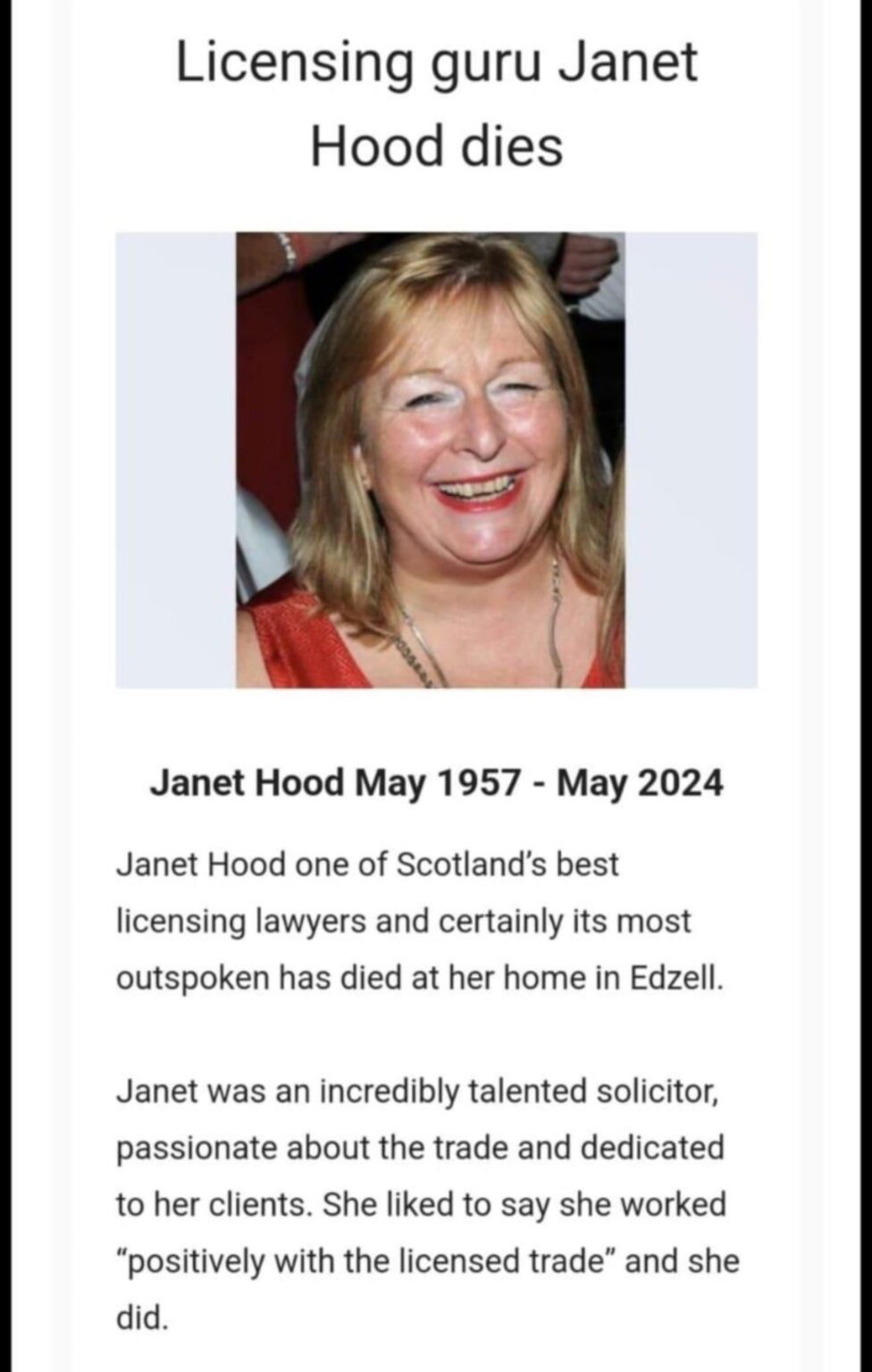 Licensing chiefs pay tribute to popular late solicitor Janet Hood