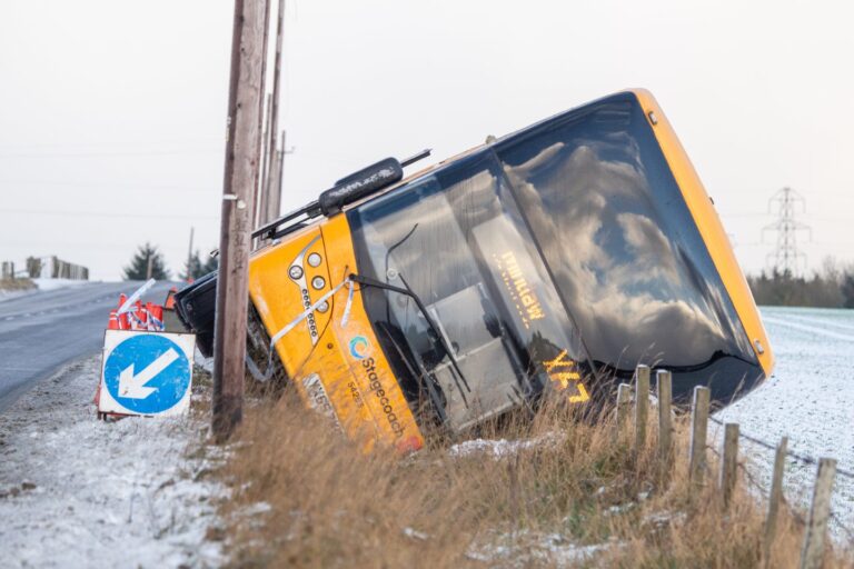 Stagecoach bus tips onto side between Mintlaw and Fraserburgh