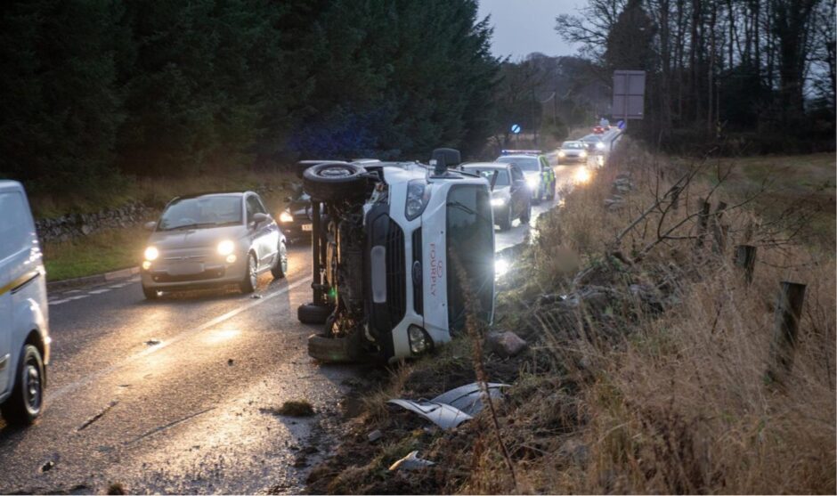 South Deeside Road partially blocked after van overturns
