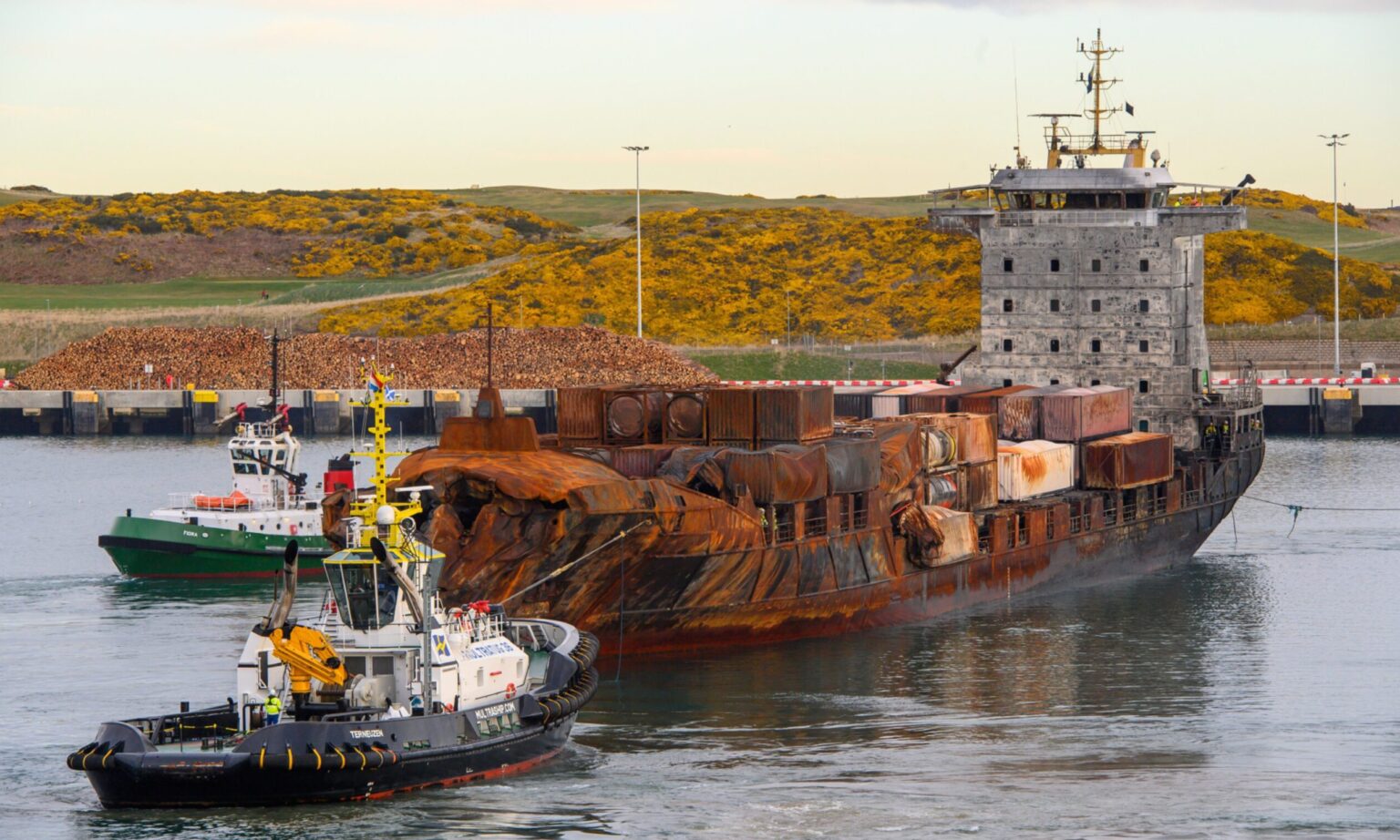 Solong ship limps into Aberdeen after fiery crash in North Sea