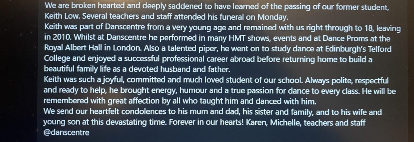 Wife's tribute to Keith Low, inspiring Aberdeen ballet dancer, 33